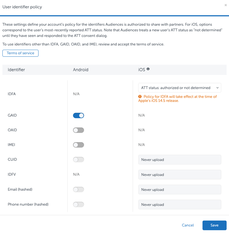 Audiences user identifier policy – Help Center